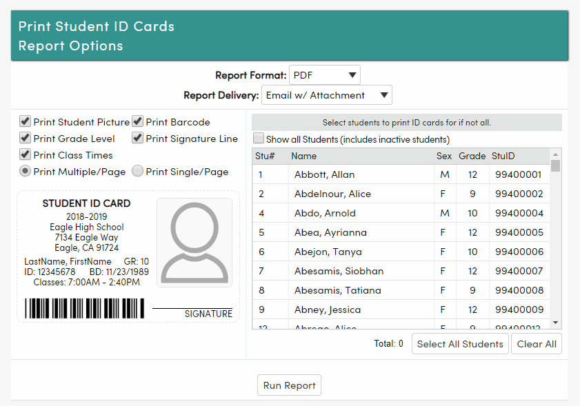 Student ID Cards Report : Aeries Software