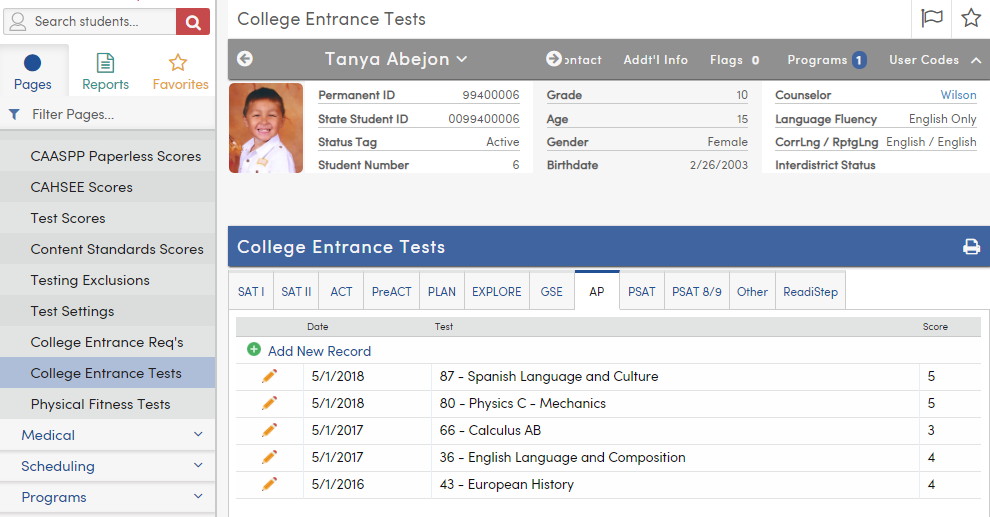Test Specific Information - AP : Aeries Software