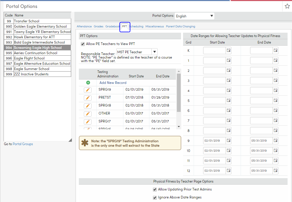 Physical Fitness Testing Setup - Portal Options : Aeries Software