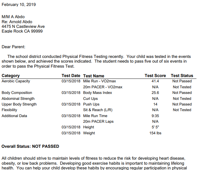 Physical Fitness Test Letters : Aeries Software