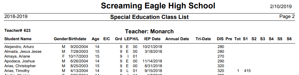 Special Education Class List Report : Aeries Software