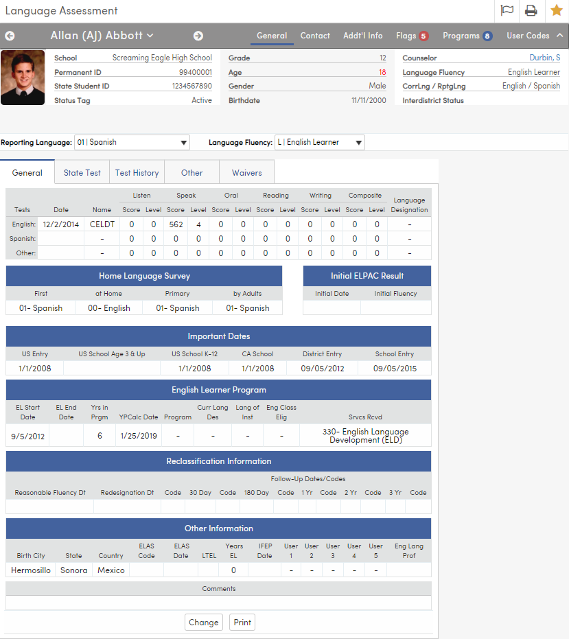Language Assessment Data Form : Aeries Software