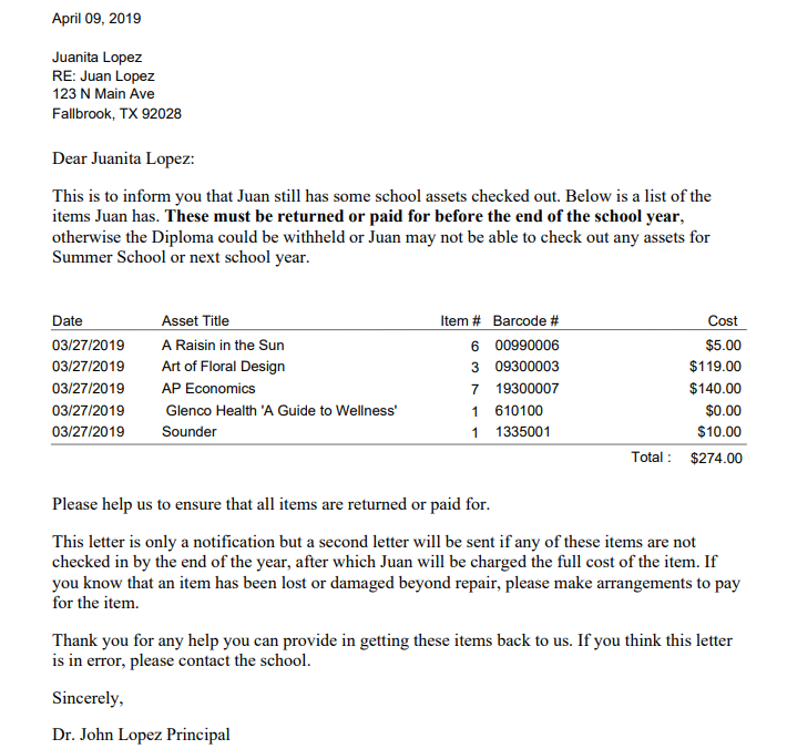 Print Asset Letter : Aeries Software