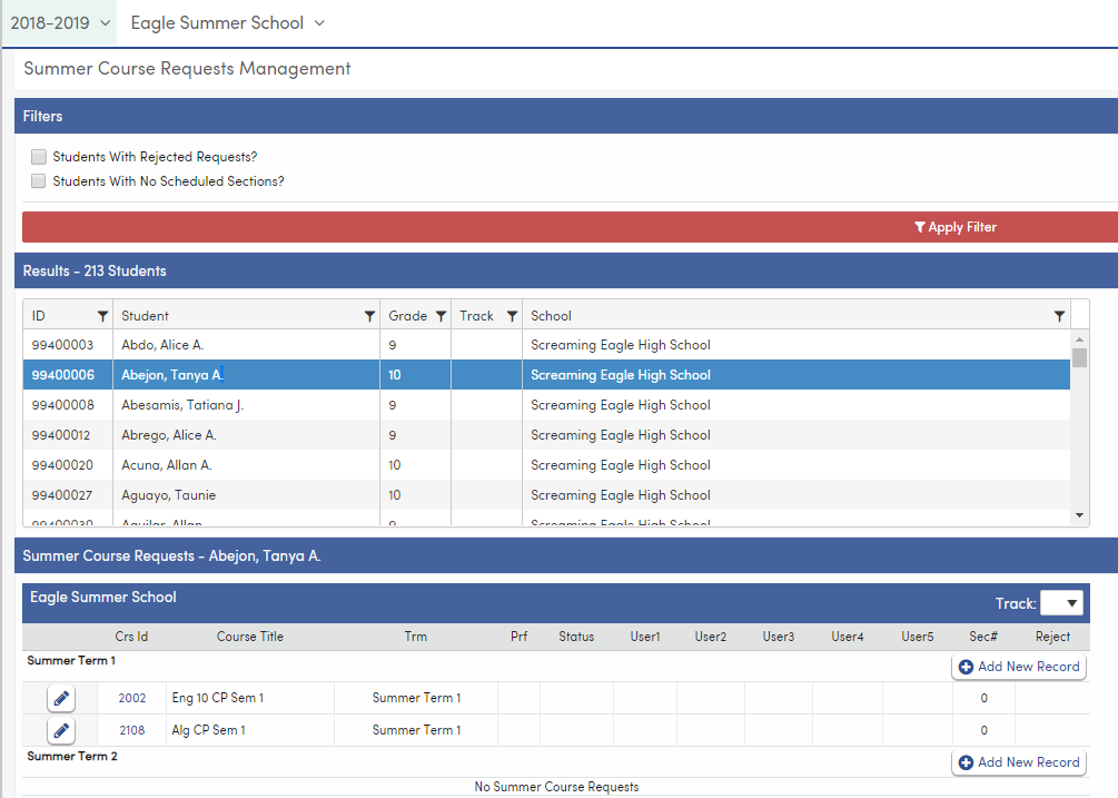 Summer Course Requests Management Page : Aeries Software