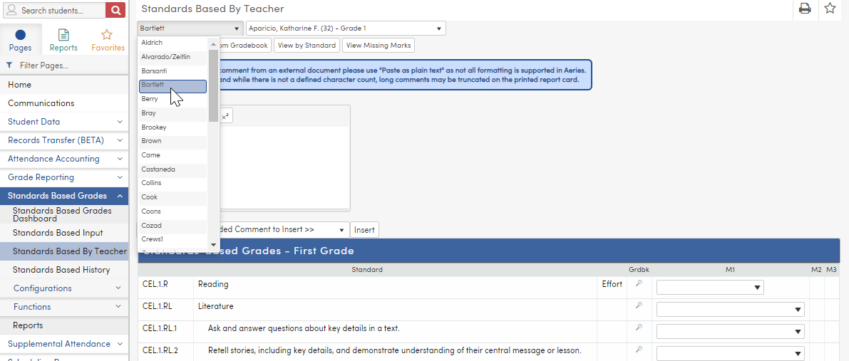 Standards Based Grade Reporting - Creating and Updating Grades : Aeries Software