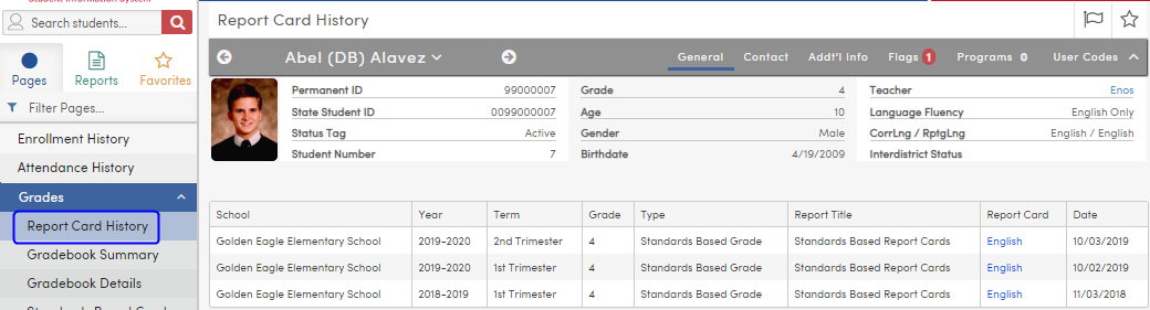 Report Card History for Standards Based Report Cards : Aeries Software