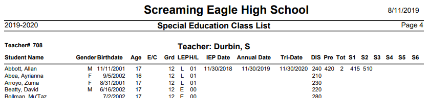 Special Education Class List Report : Aeries Software