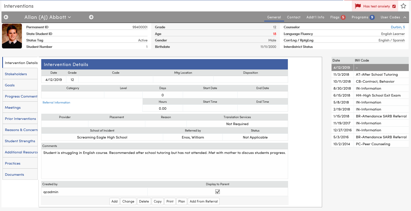 Intervention Details : Aeries Software