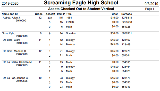 Print Assets Checked Out To Students Reports : Aeries Software