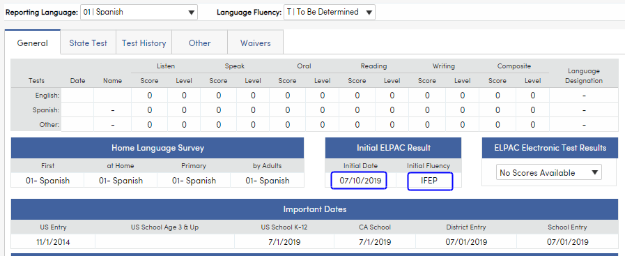 Test Specific Information - Initial ELPAC : Aeries Software