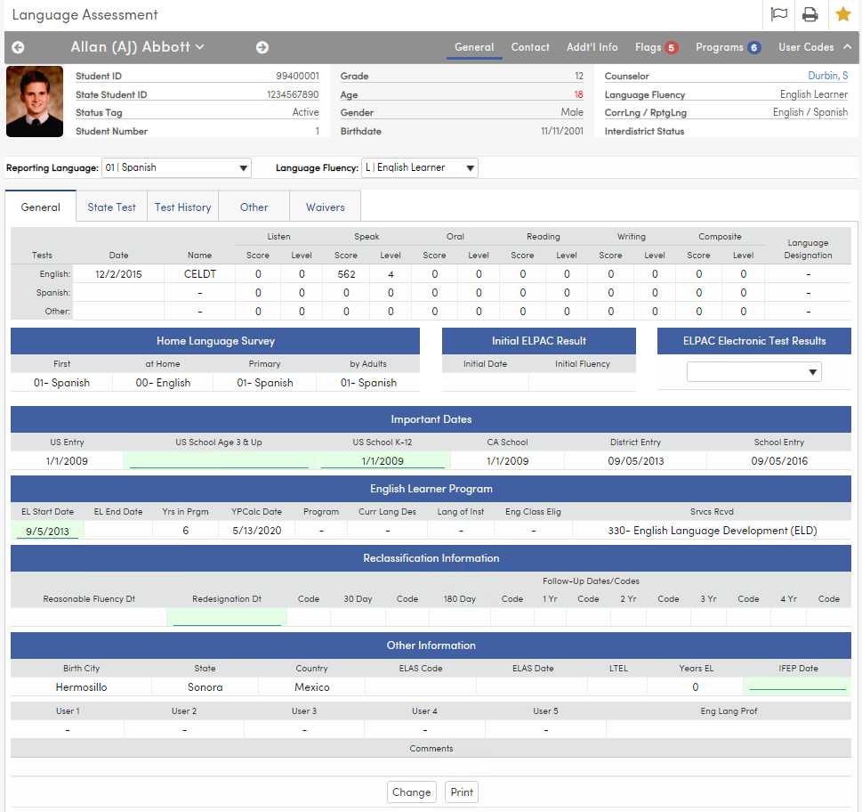 Language Assessment Data Form : Aeries Software
