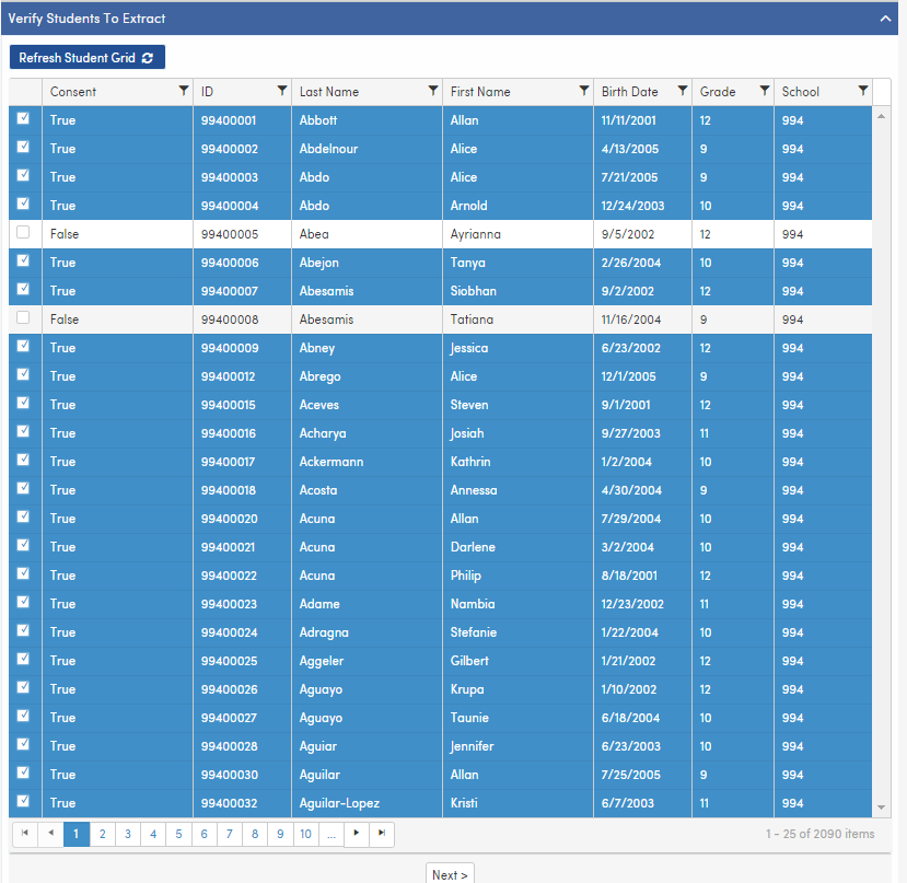 CCGI - Verify Students to Extract : Aeries Software