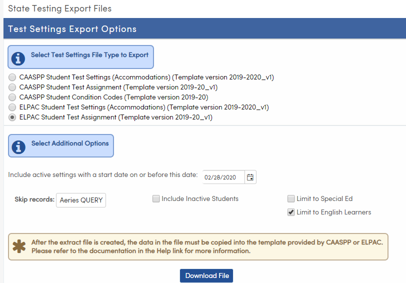 ELPAC Test Assignment File : Aeries Software