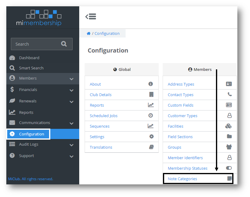 How to Create a Note Category : MiMembership