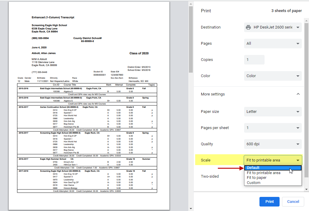 Transcript Design Options - Enhanced (1-Column) Style : Aeries Software