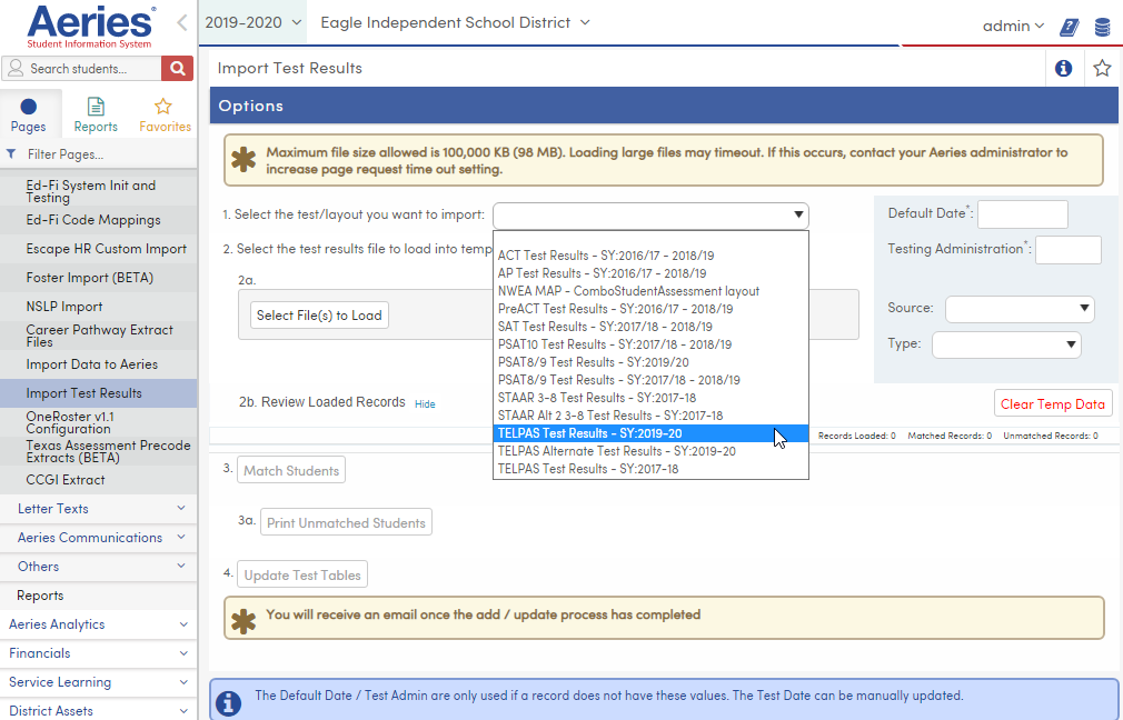 Overview for Import Test Results : Aeries Software