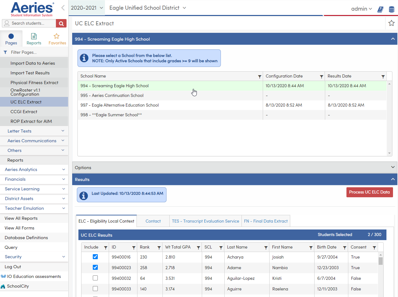Overview for UC ELC Extract : Aeries Software