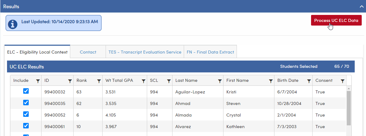 UC ELC Results : Aeries Software