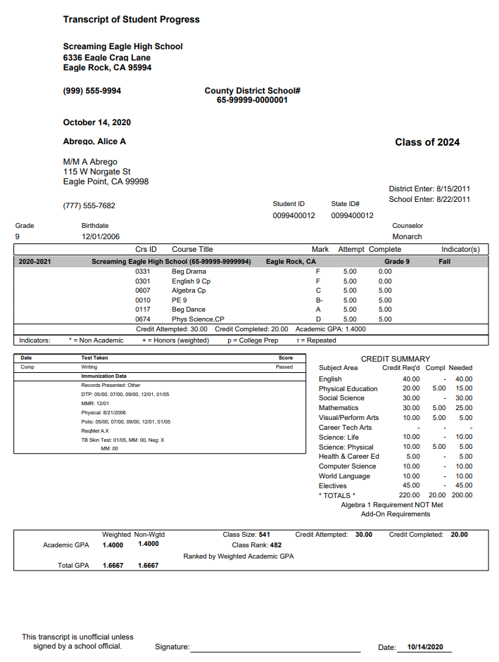 Transcript Design Options - Enhanced (1-Column) Style : Aeries Software