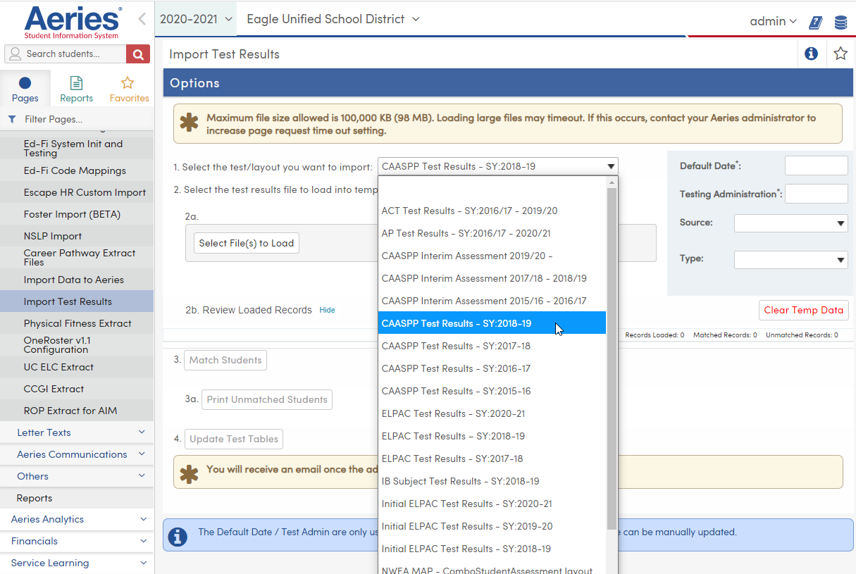 Overview for Import Test Results : Aeries Software