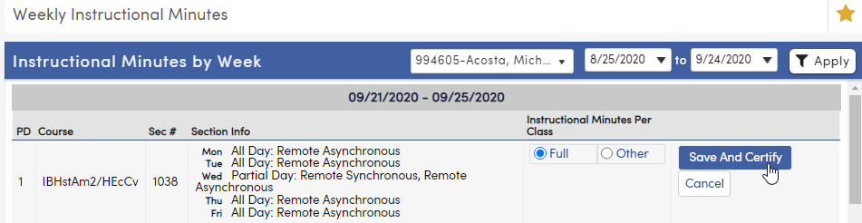 Weekly Instructional Minutes Certification (SB-98) : Aeries Software