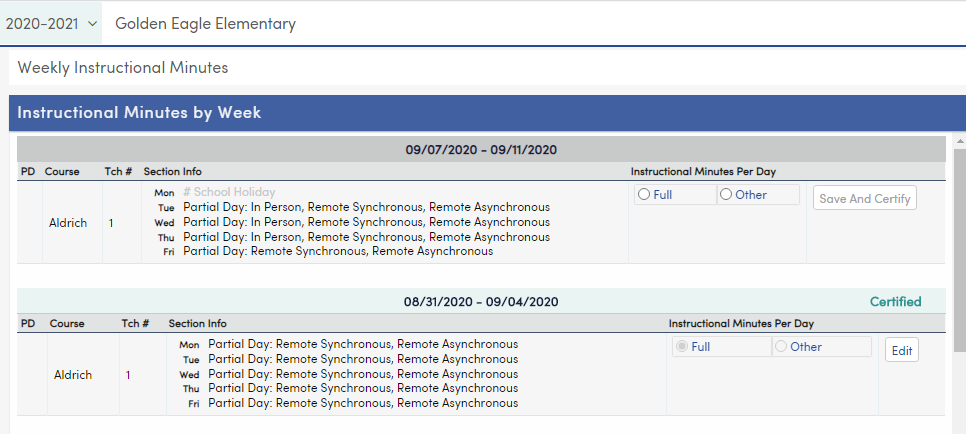 Weekly Instructional Minutes Certification (SB-98) : Aeries Software