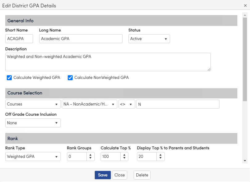 GPA Configurations Page : Aeries Software
