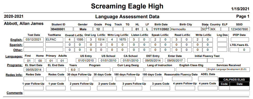 Language Assessment Report : Aeries Software