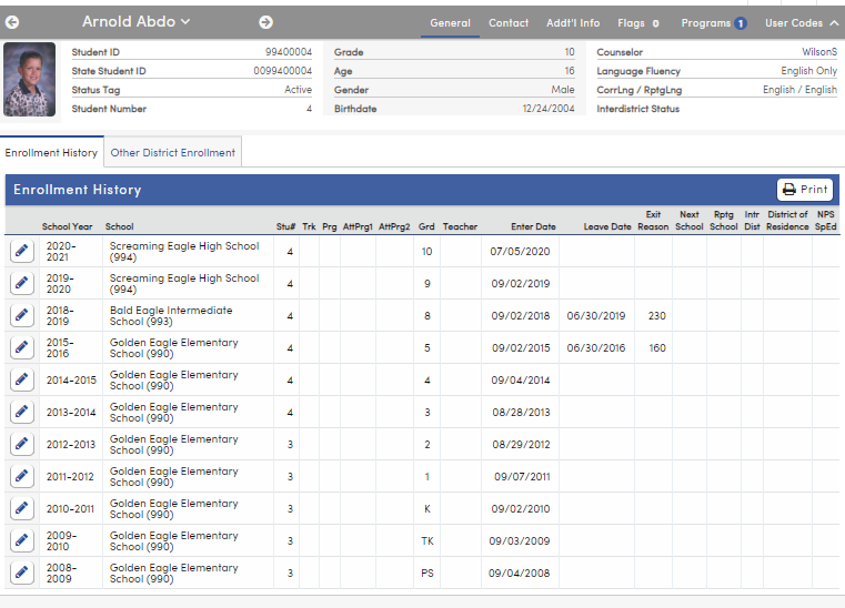 Enrollment History : Aeries Software
