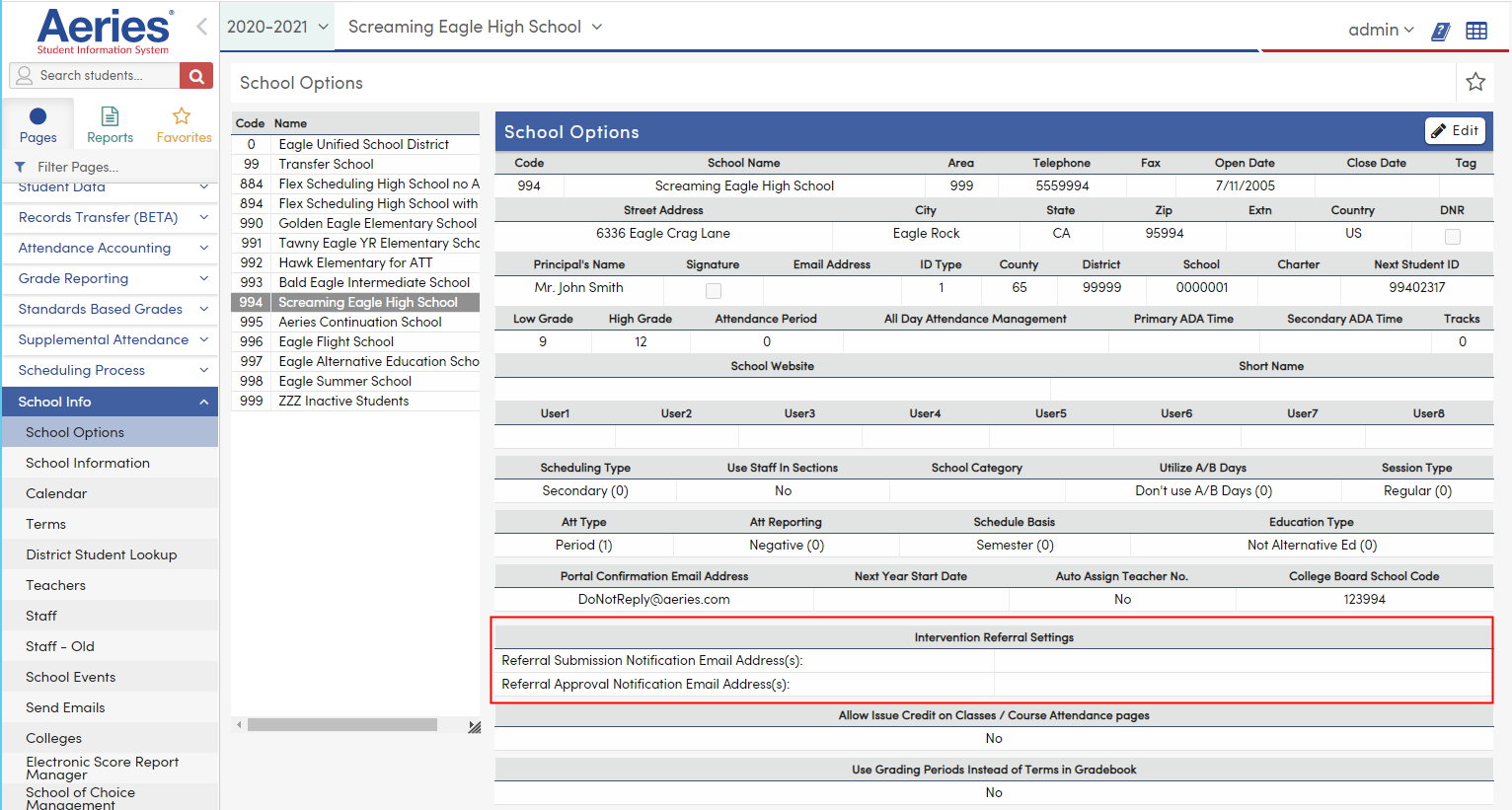 Intervention Management Referral Notification Email Setup : Aeries Software