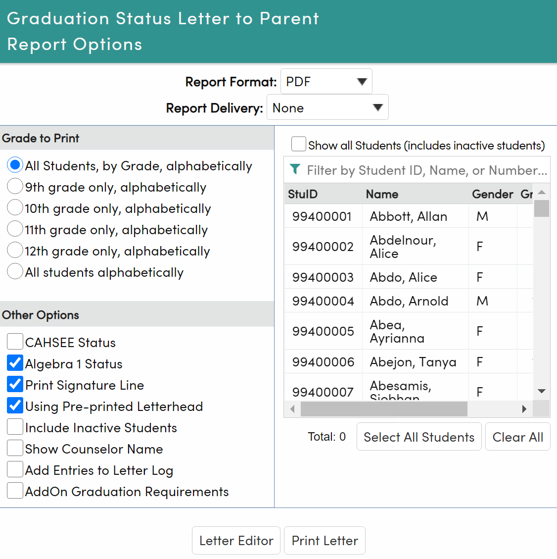 Graduation Status Letter Text Editor : Aeries Software