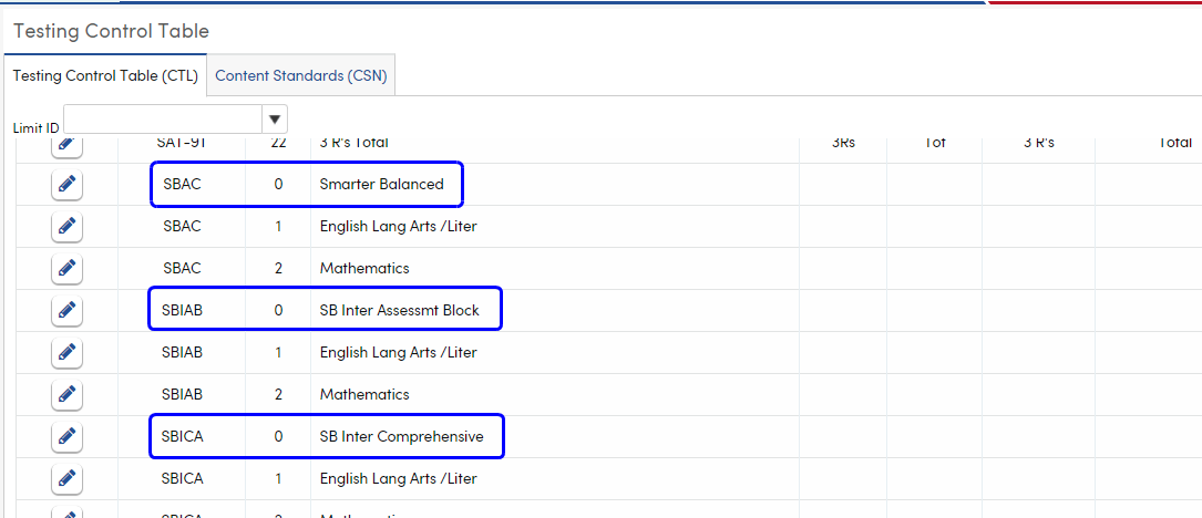 Testing Control Table : Aeries Software