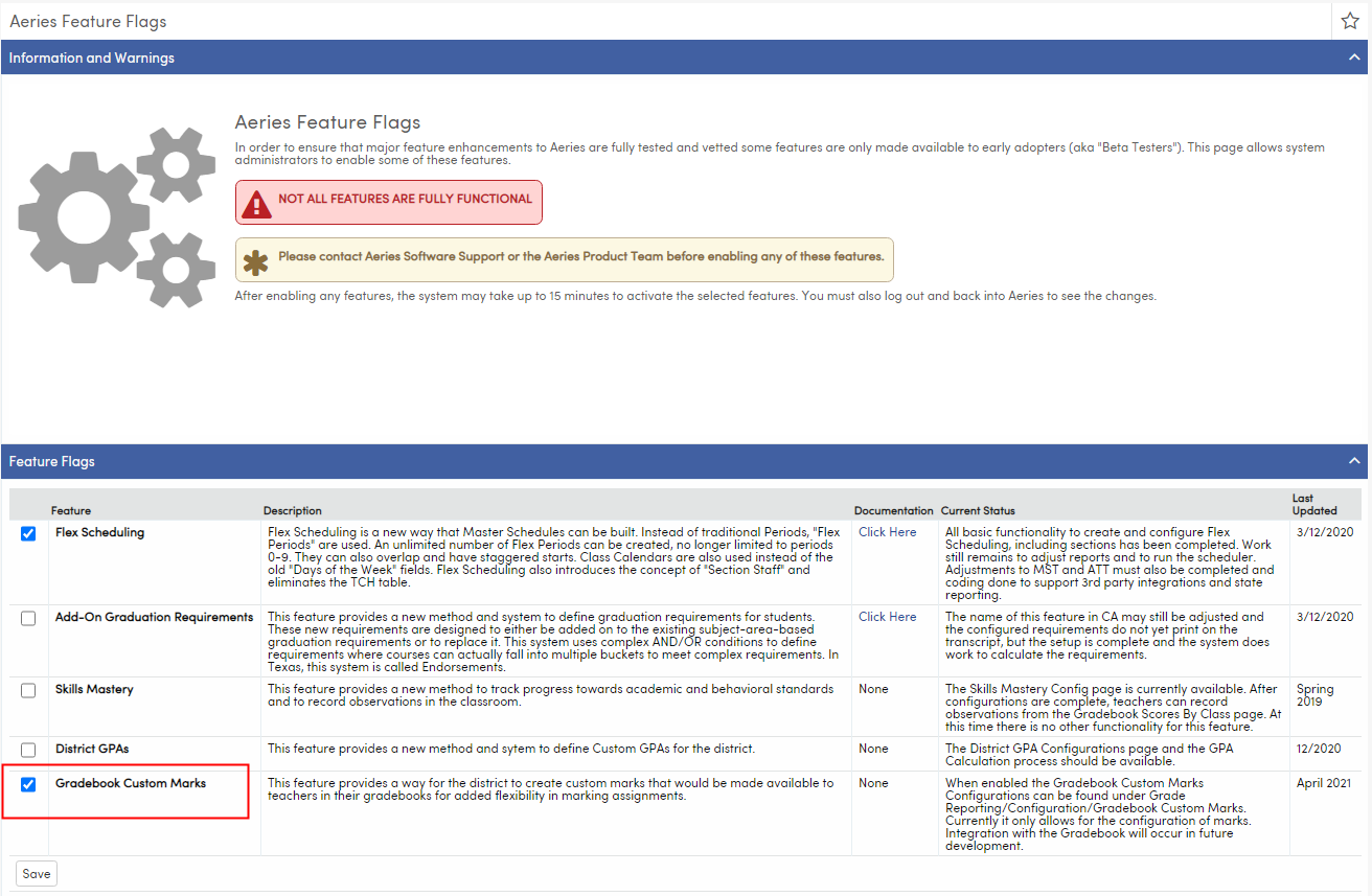 Gradebook Custom Marks : Aeries Software