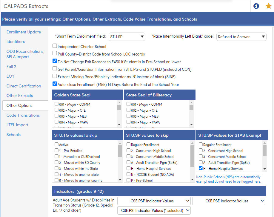 CALPADS Extracts - Other Options Tab : Aeries Software