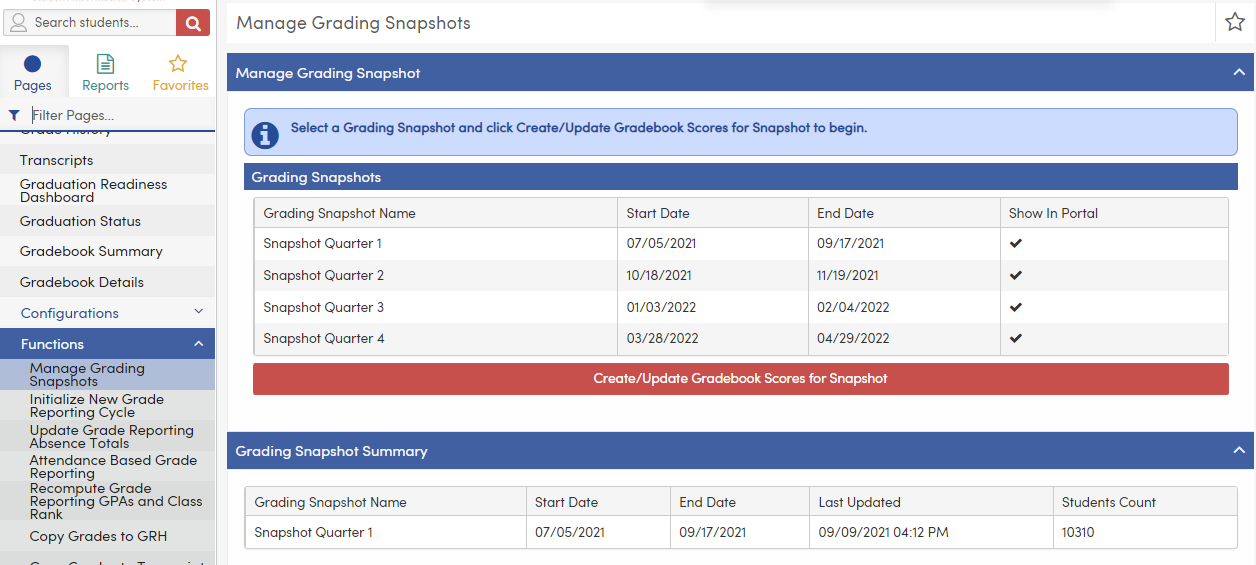 Grading Snapshots - Overview and Configuration : Aeries Software