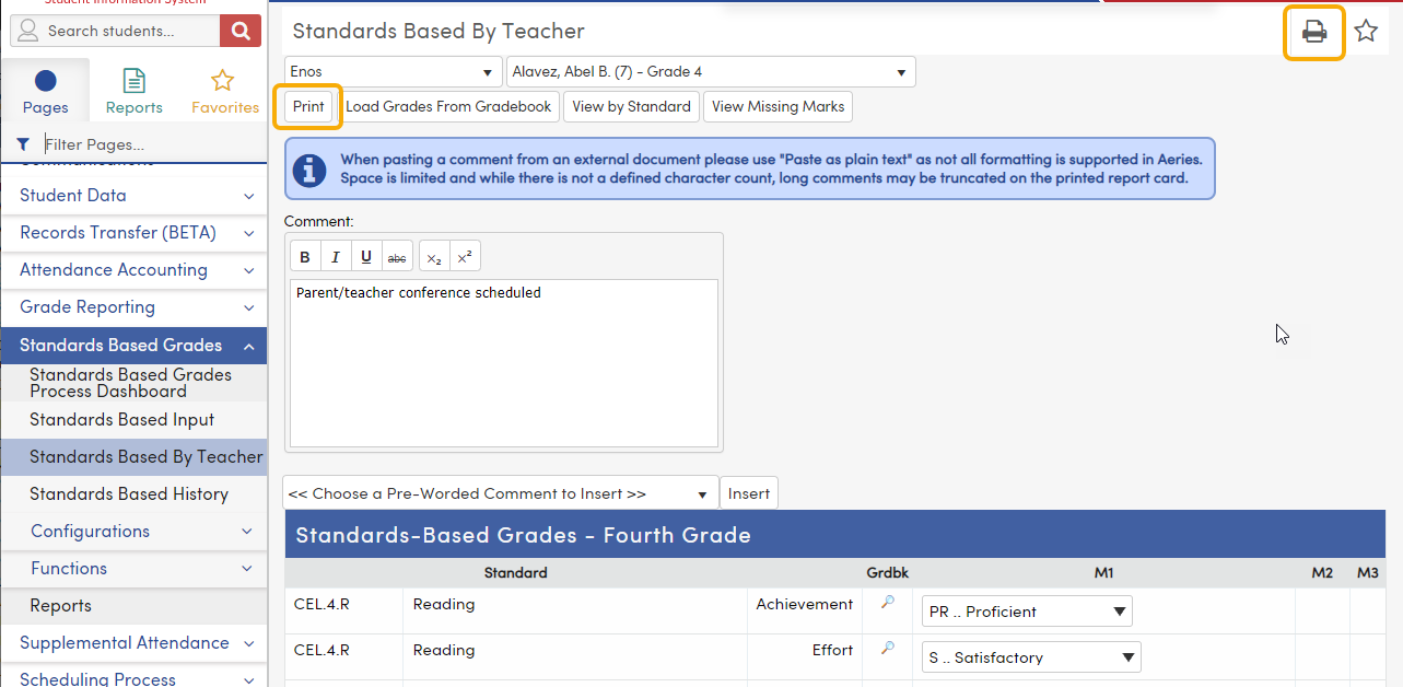 Print Standards Based Report Cards : Aeries Software