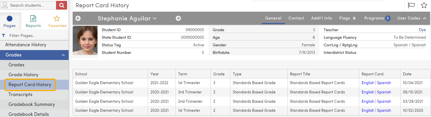 Report Card History for Standards Based Report Cards : Aeries Software