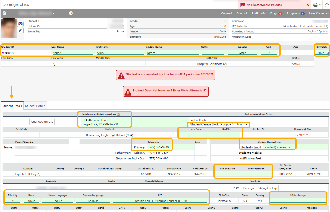 PEIMS/TSDS Field Mapping by Page - Demographics : Aeries Software
