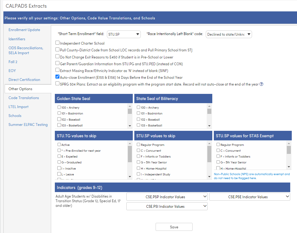 CALPADS Extracts - Other Options Tab : Aeries Software