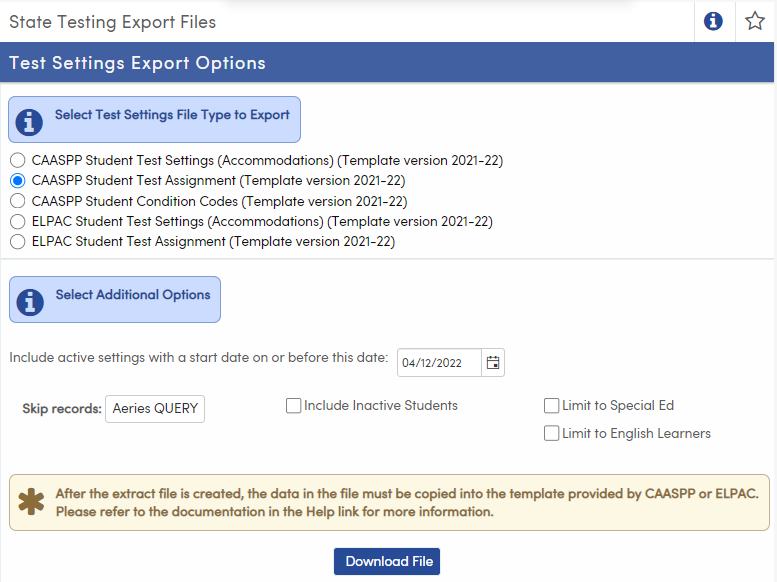 CAASPP Test Assignment File : Aeries Software