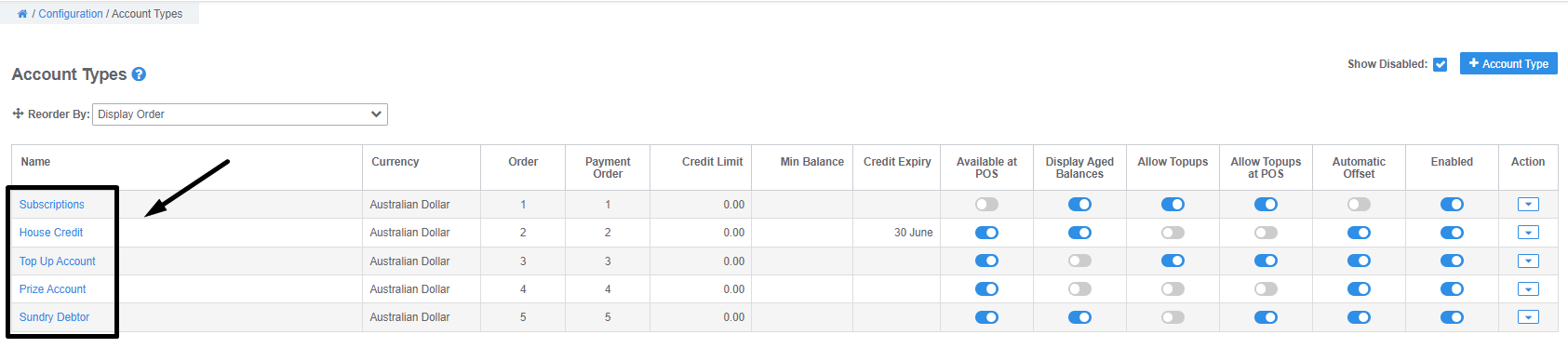 Configure Account Types for Transfers : MiMembership
