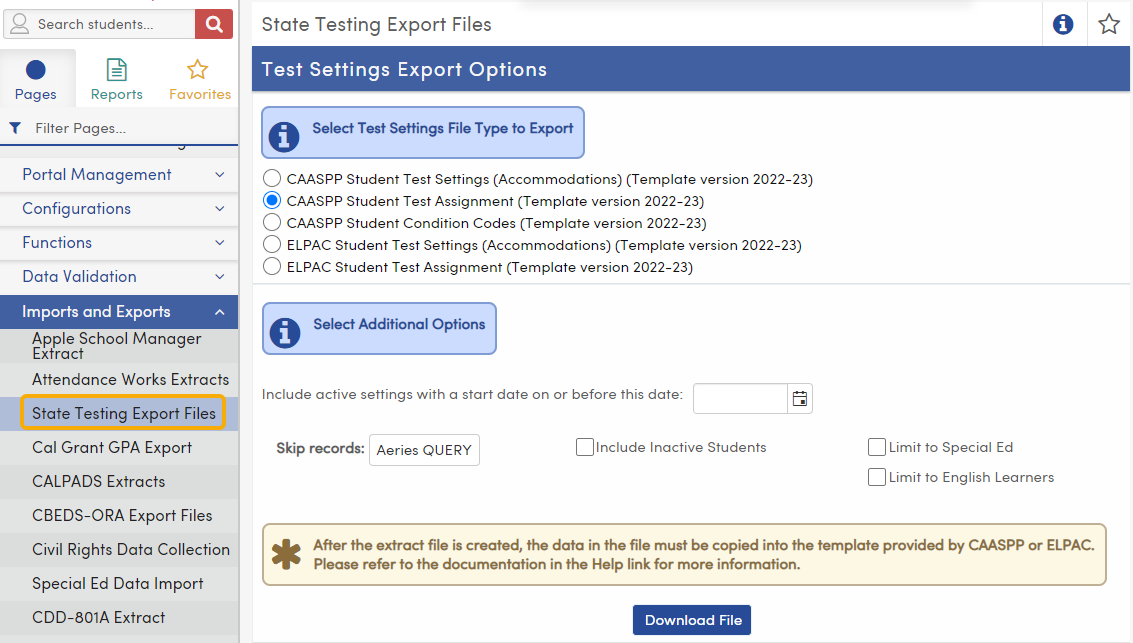 State Testing Export Files : Aeries Software