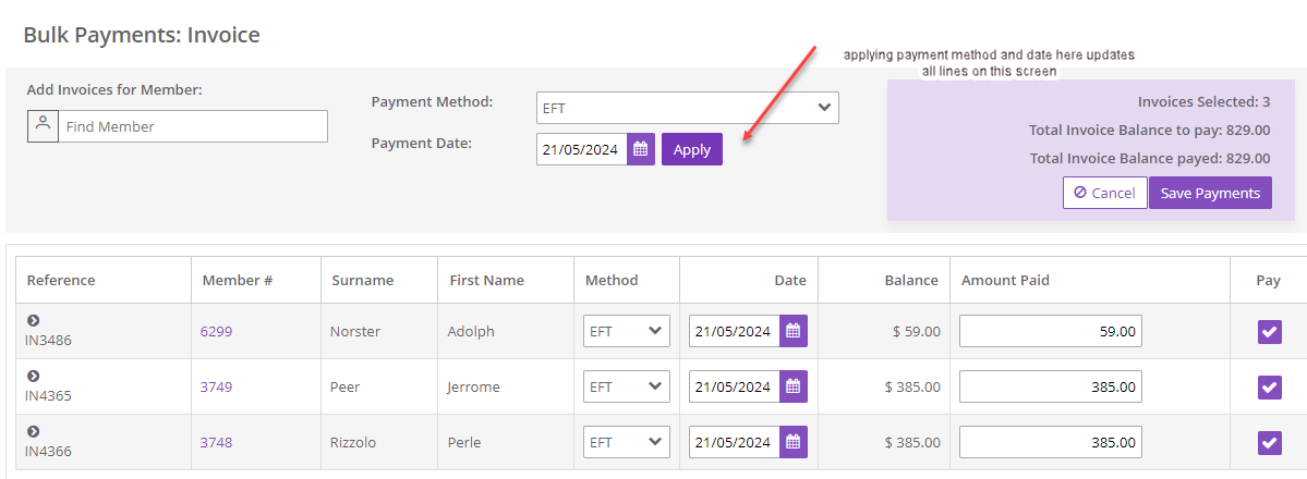 Payments - Bulk Entry of Multiple Payments - Invoices : MiMembership