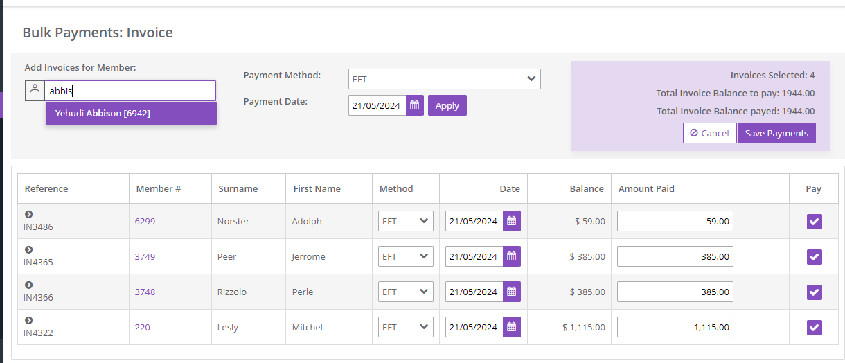 Payments - Bulk Entry of Multiple Payments - Invoices : MiMembership