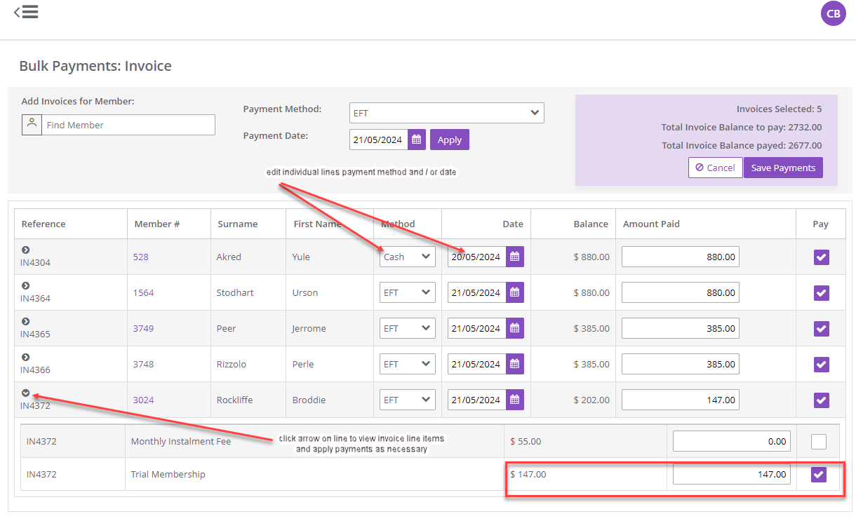 Payments - Bulk Entry of Multiple Payments - Invoices : MiMembership