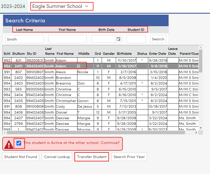 User Cannot Transfer a Student to Summer School : Aeries Software