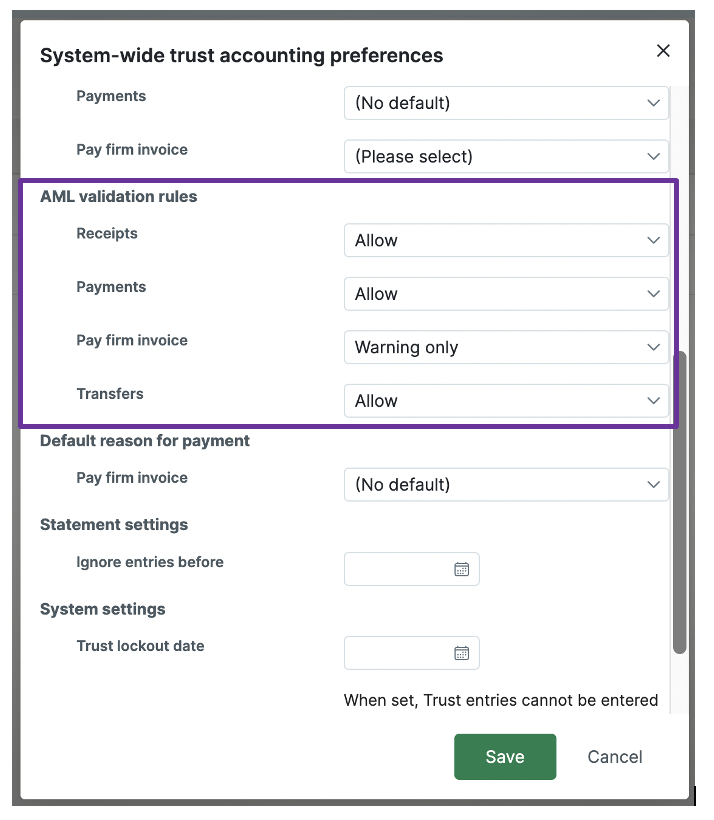 Restrict Trust Transactions Based on AML Status : Help Center