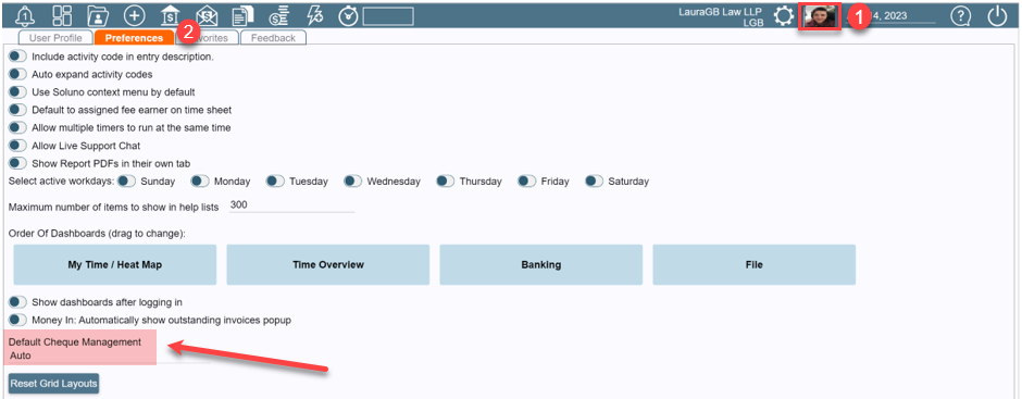 Profile Icon - Preferences - Default Cheque Management
