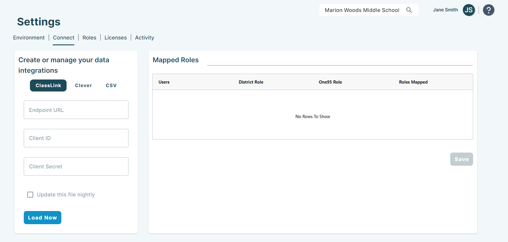 Settings | Connect Page : One95 Portal