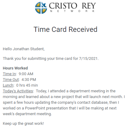Student Time Card Screenshots : Cristo Rey Network Salesforce Help